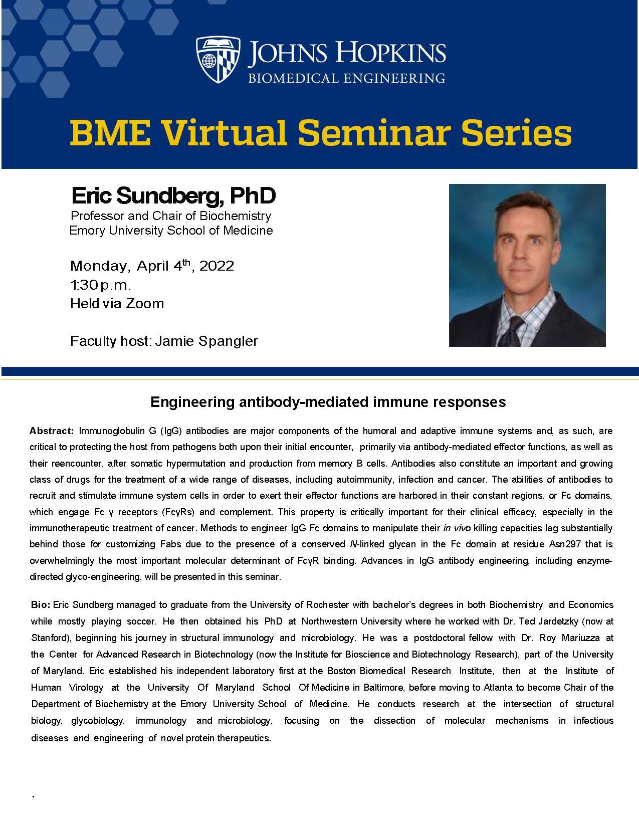 BME Seminar – Eric Sundberg - Johns Hopkins Biomedical Engineering