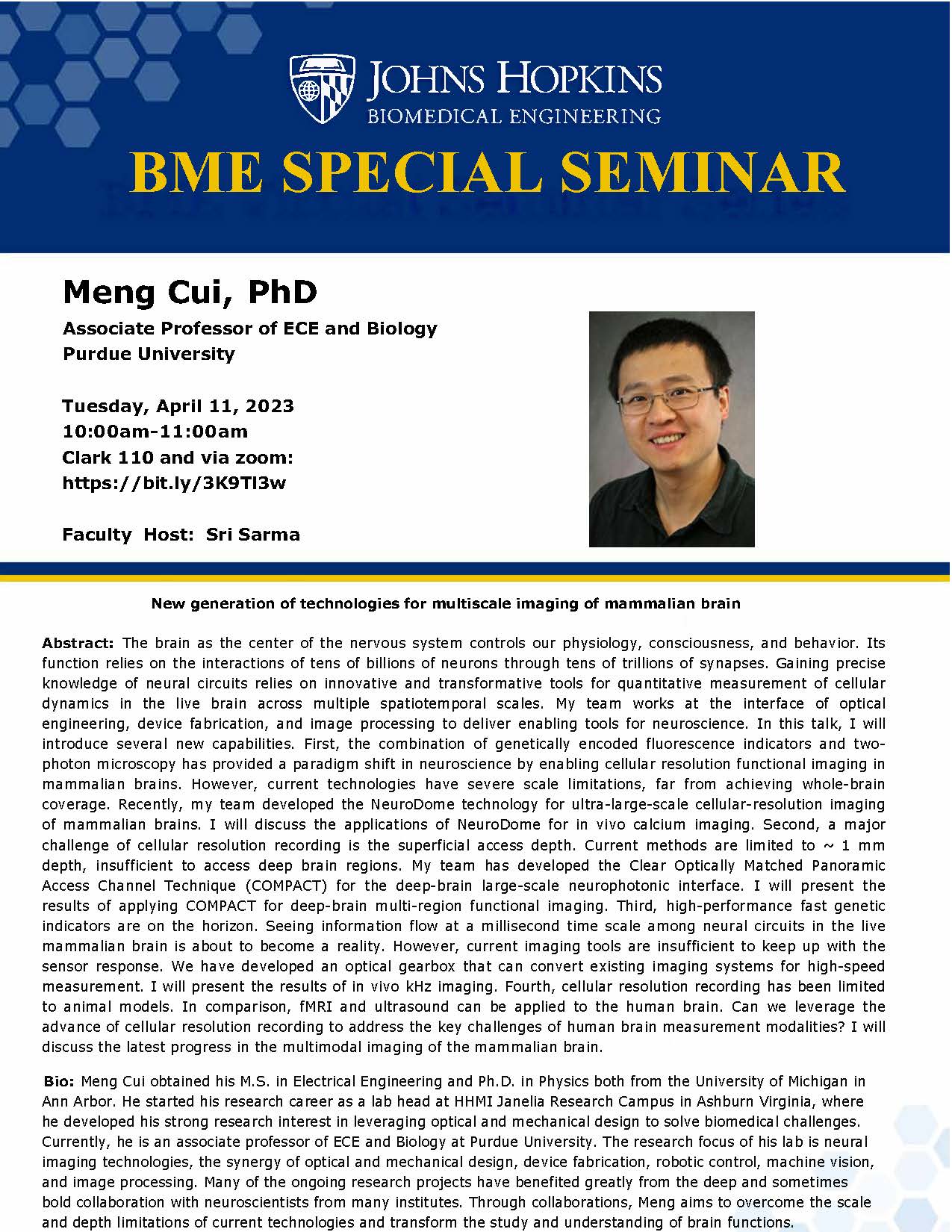 BME Special Seminar – Meng Cui - Johns Hopkins Biomedical Engineering