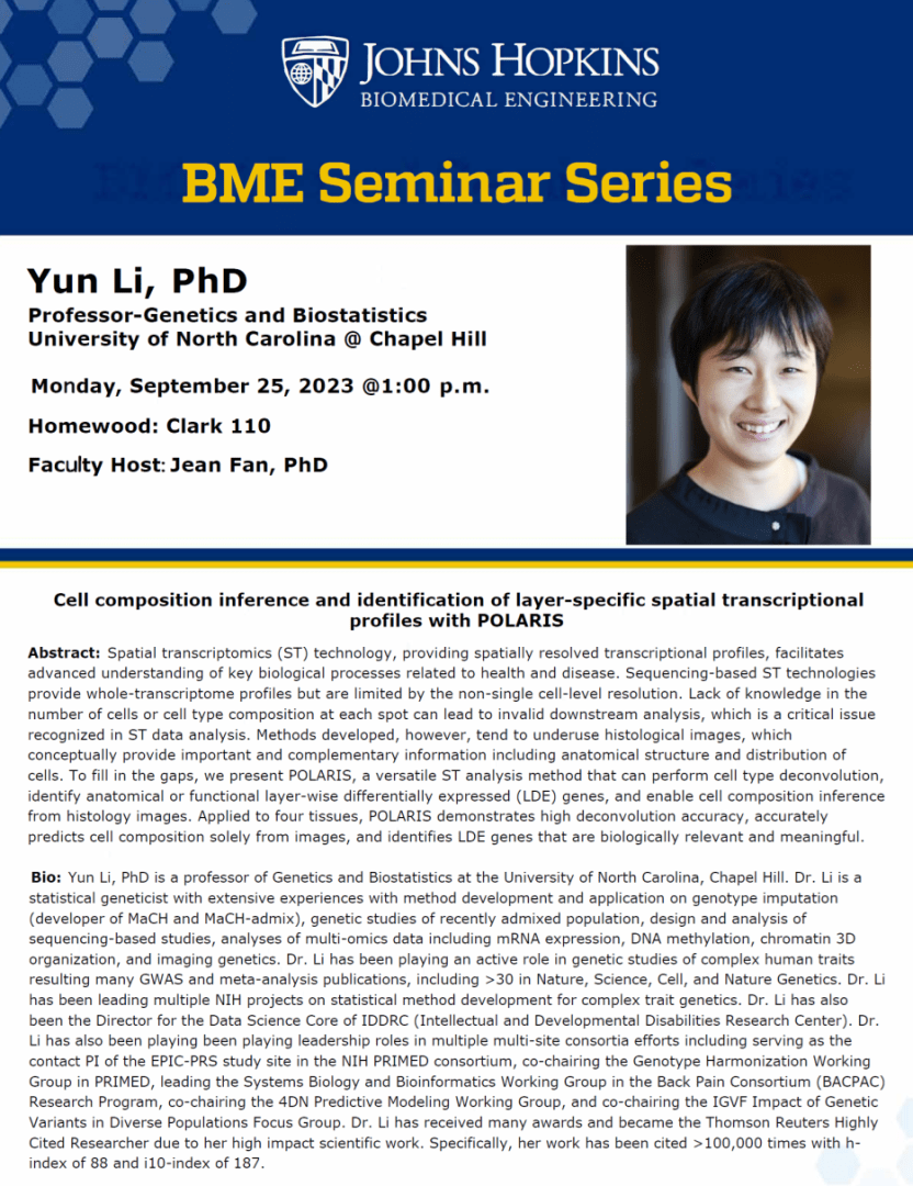 BME Seminar - Yun Li - Johns Hopkins Biomedical Engineering