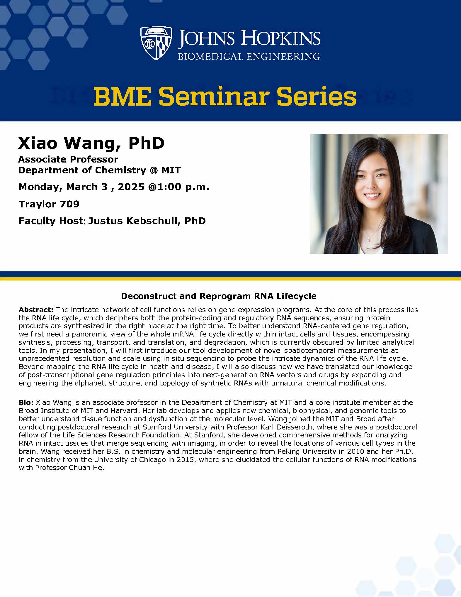 BME Seminar – Xiao Wang - Johns Hopkins Biomedical Engineering