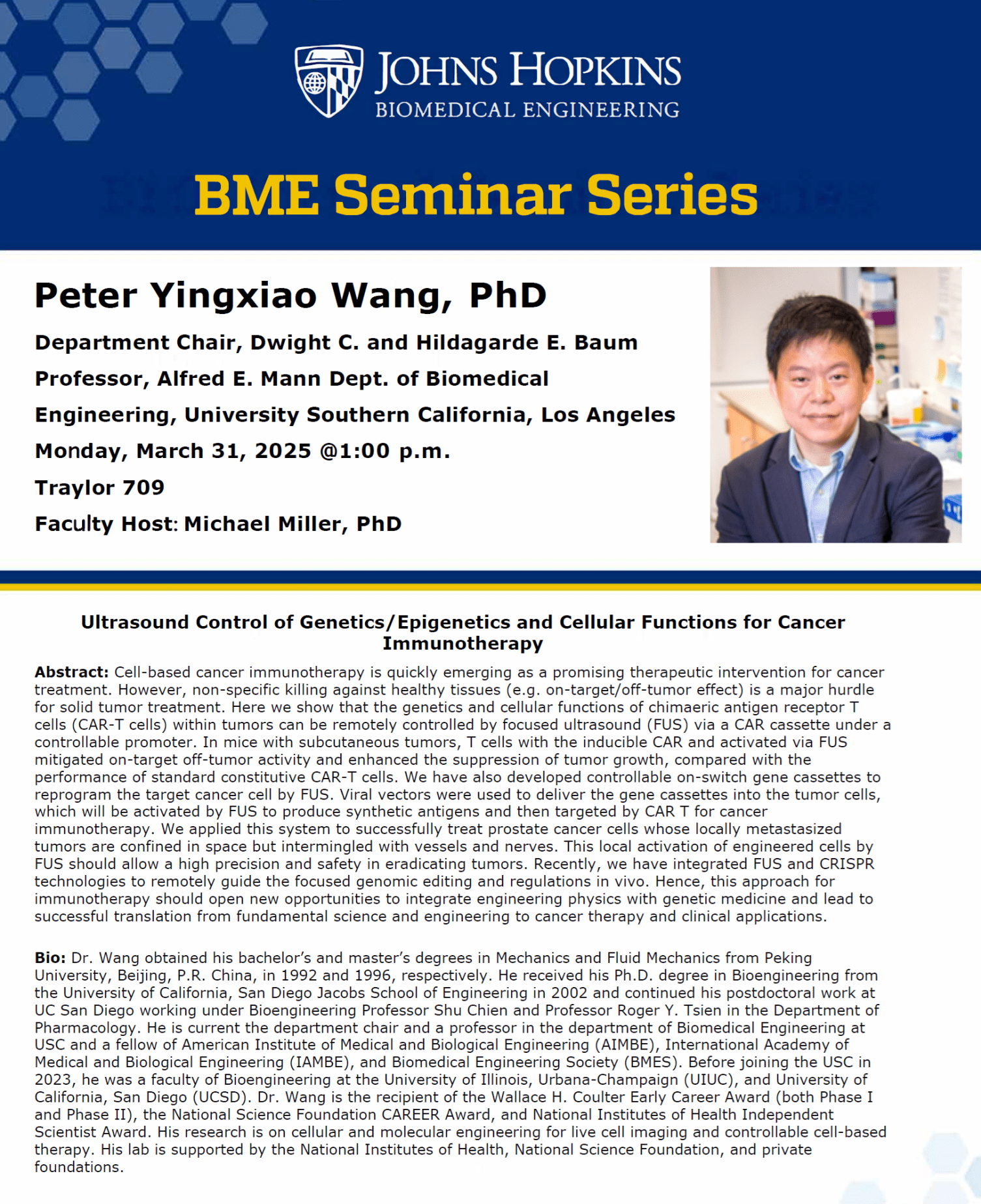 BME Seminar – Peter Yingxiao Wang - Johns Hopkins Biomedical Engineering