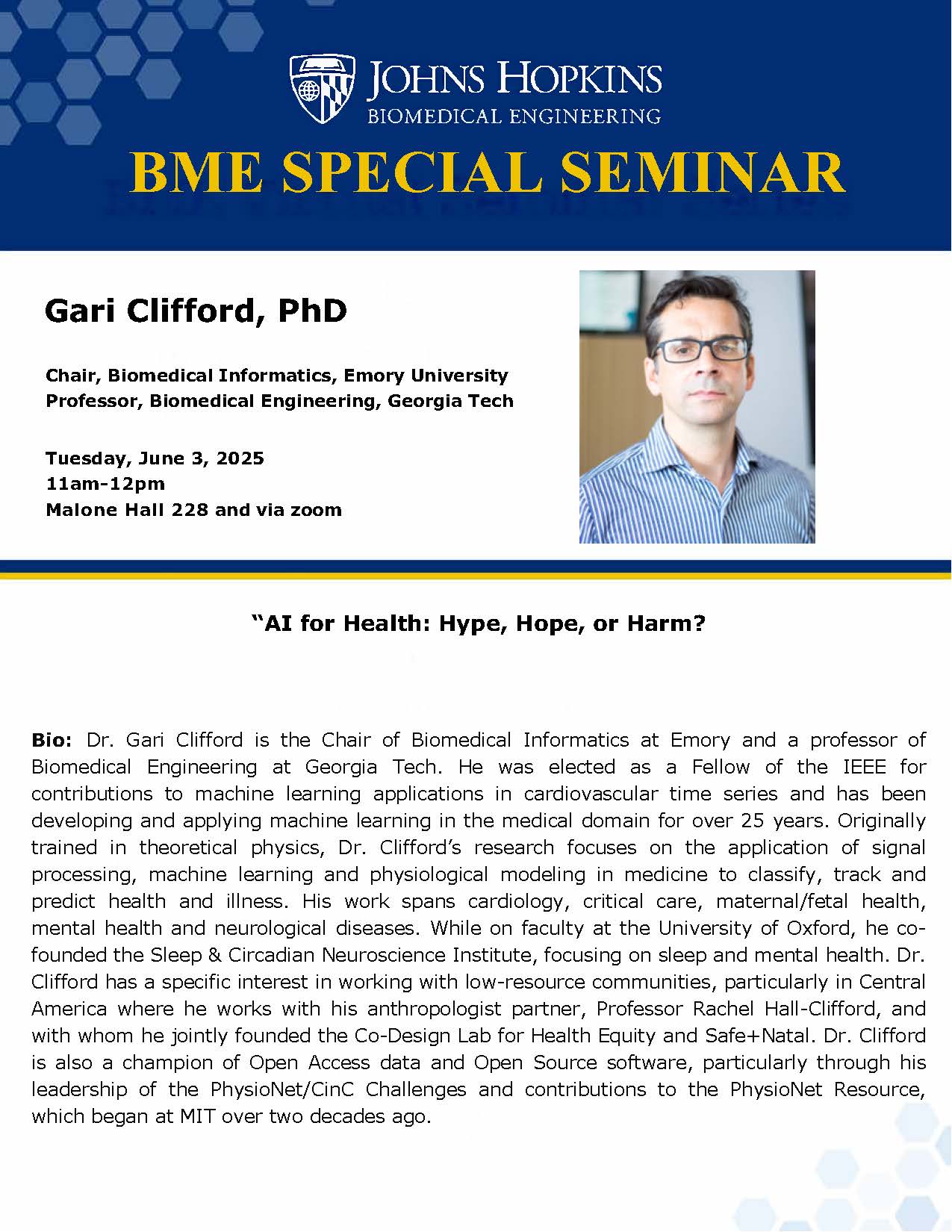 BME Special Seminar – Gari Clifford - Johns Hopkins Biomedical Engineering